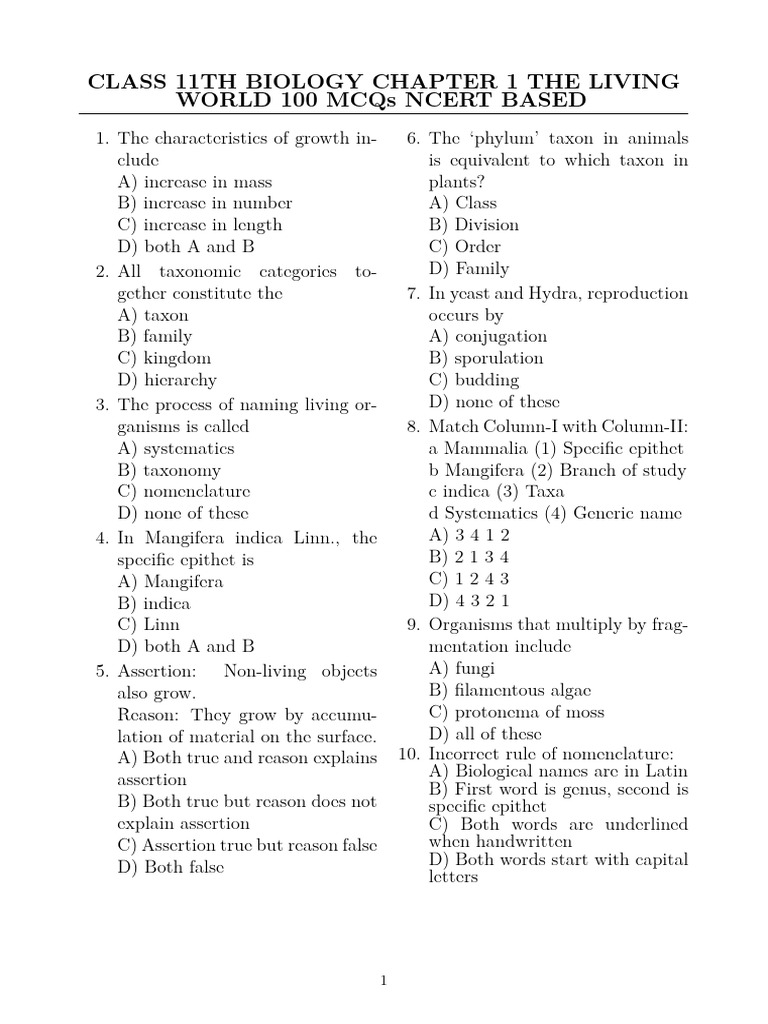 11th Grade Biology: Living World MCQs | PDF | Taxonomy (Biology) | Species