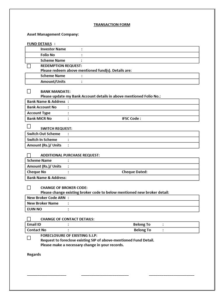 SBI MF Transaction Slip Request Form | PDF
