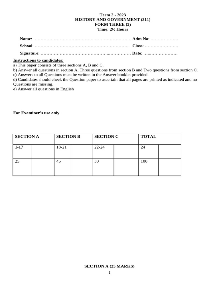 2023 History F3 QS T2 Exam Teacher.co .Ke | PDF | Kenya