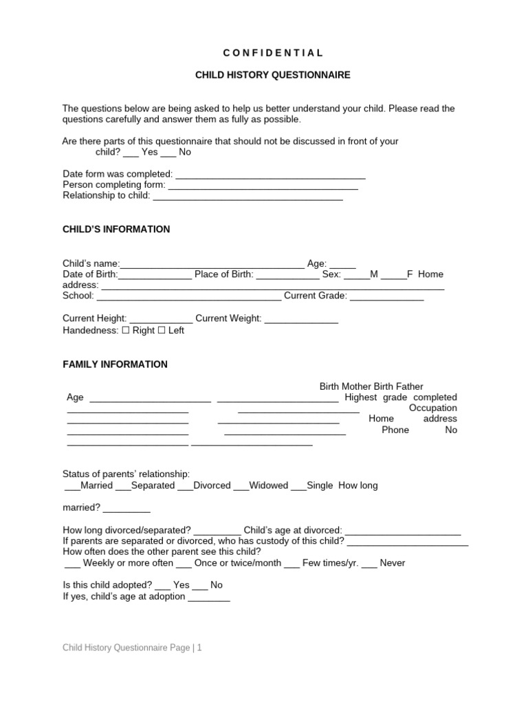 Child History Questionnaire Template | PDF | Mental Disorder | Special ...