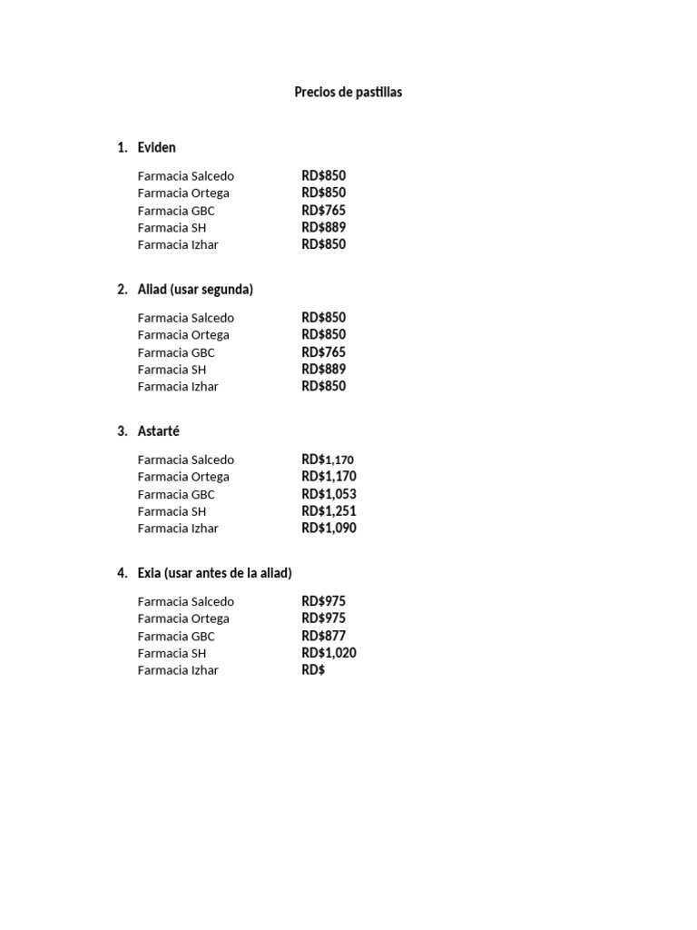 Precios de pastillas Eviden | PDF