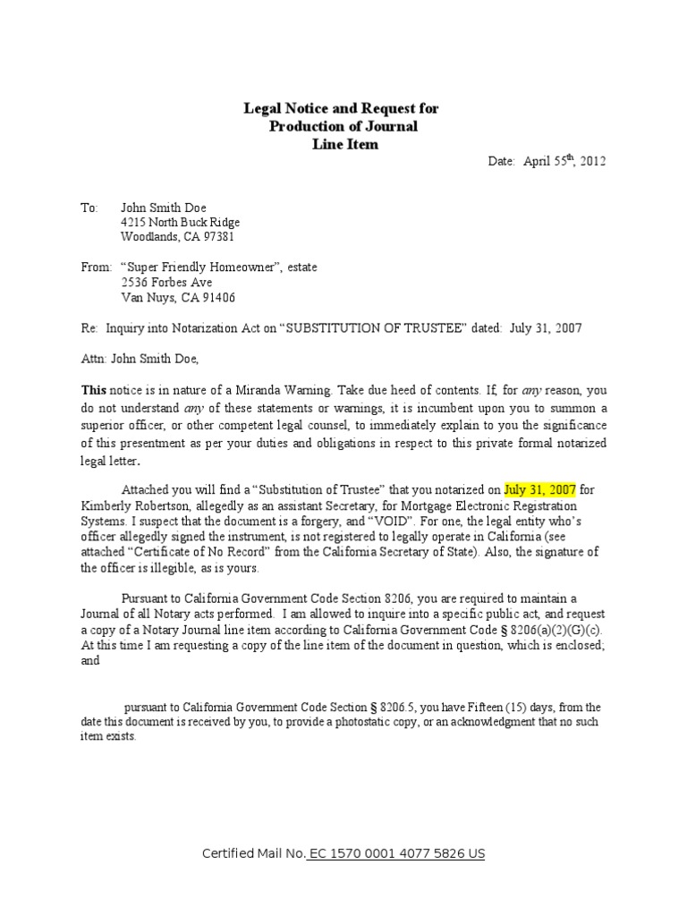 Foundation Letter Sample, Notary Request, Assignment of Deed of Trust ...