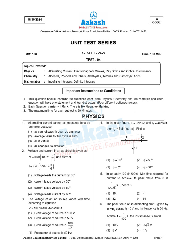 SS KCET UT-04 (Code-A) 06-10-2024 Question Paper | PDF | Transformer ...