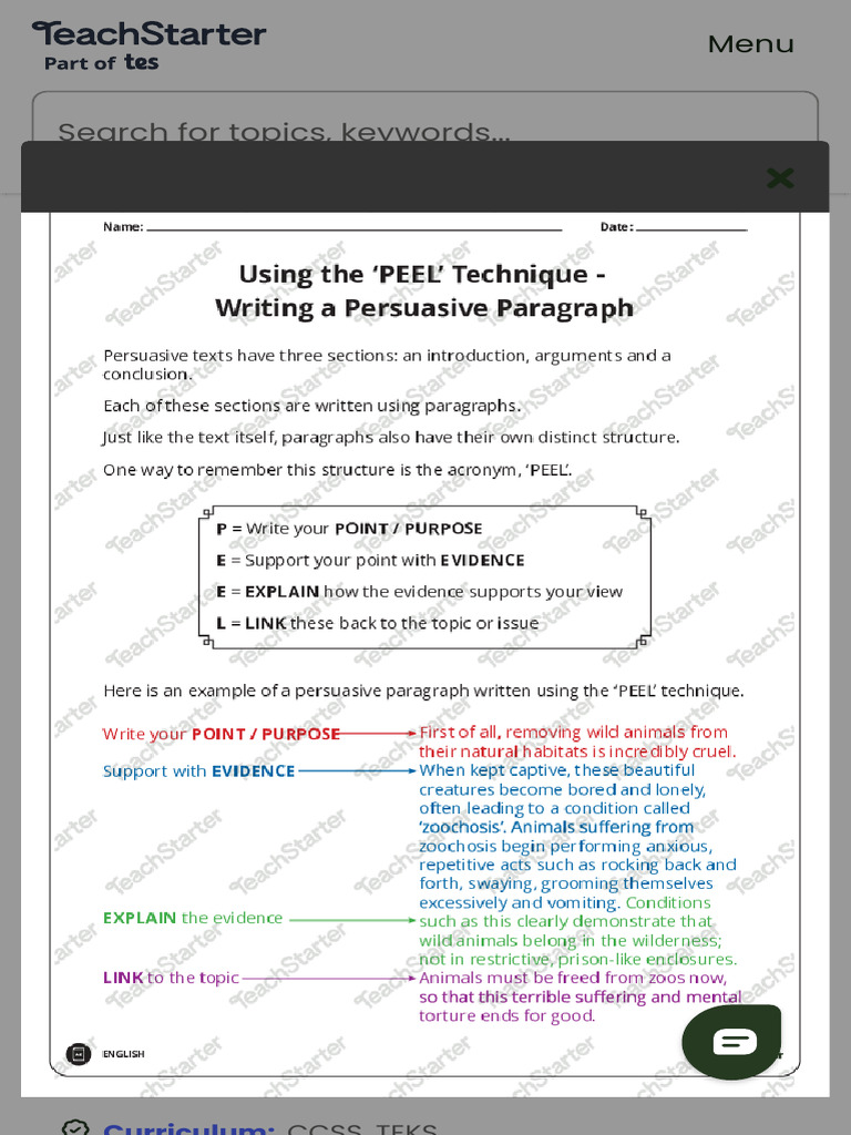 PEEL Paragraph Structure Poster and Worksheets Teach Starter | PDF