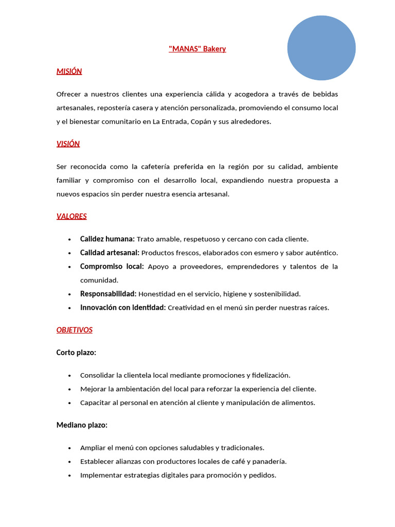 Cafeteria Manas-Mision, Vision, Valores Y Objetivos | PDF