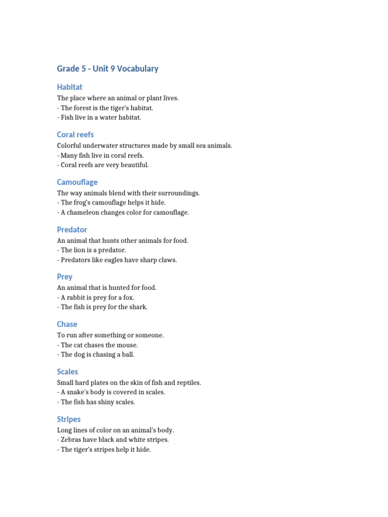 Grade 5 Unit 9 Vocabulary | PDF