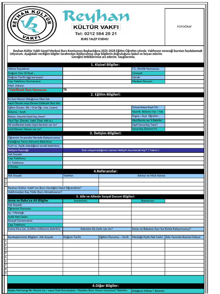 2025 2026 Burs Basvuru Formu Reyhan Kultur Vakfi 1 | PDF
