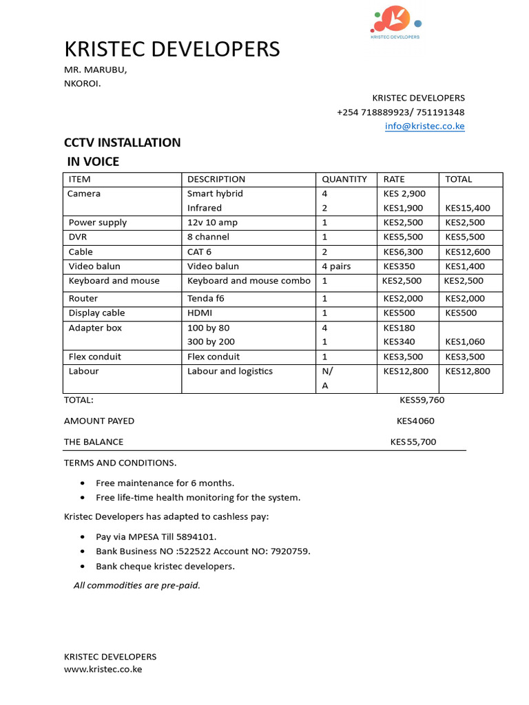 CCTV Installation Quotation by Kristec | PDF