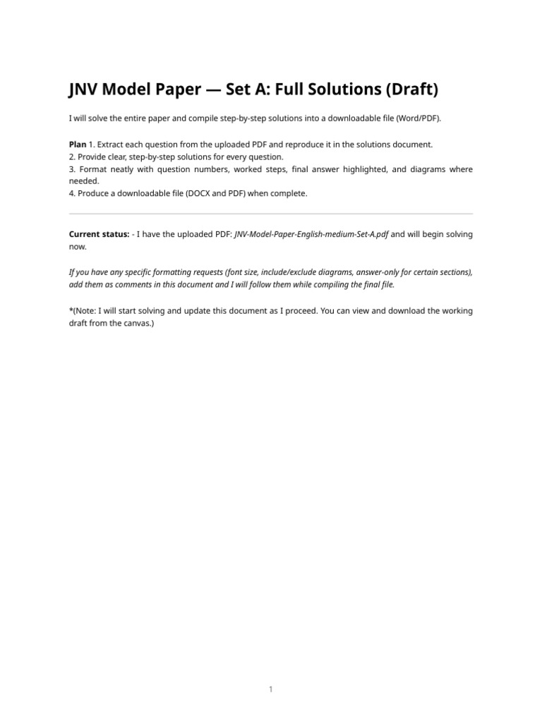 Jnv Model Paper - Full Solutions (Draft) | PDF