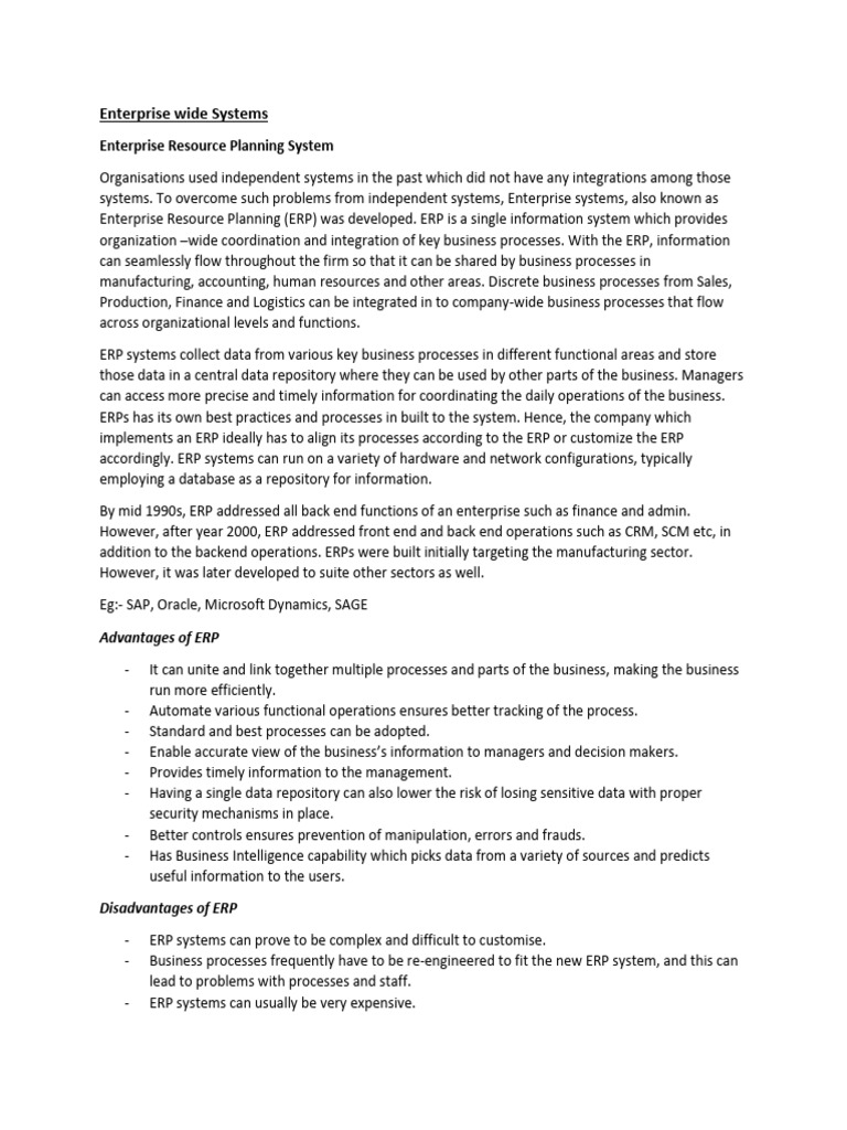 Enterprise wide Systems | PDF | Enterprise Resource Planning | Supply ...