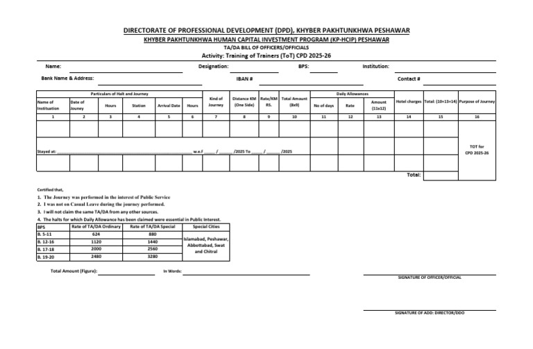 TA DA Bills Format CPD 2025 | PDF