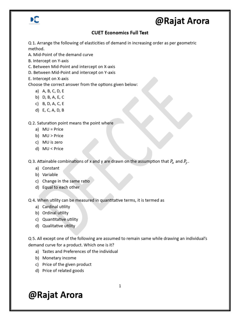 CUET Economics Test Questions | PDF | Demand | Analytic Geometry