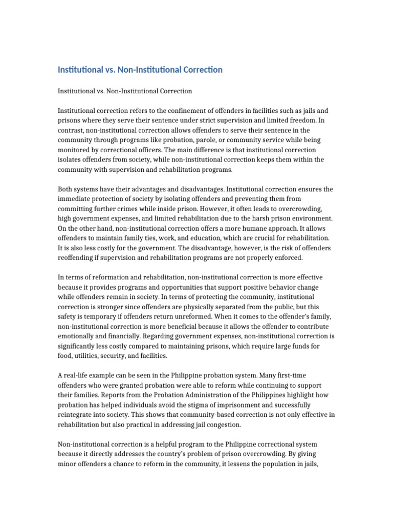 Institutional Vs NonInstitutional Correction | PDF | Prison | Rehabilitation (Penology)