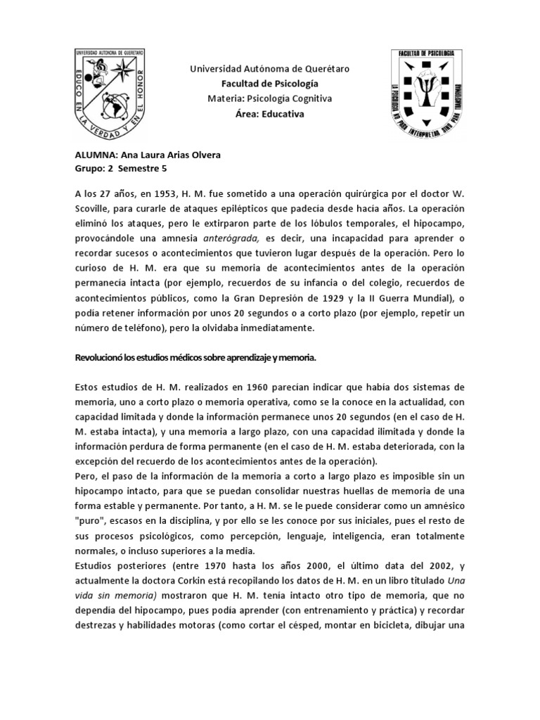 Caso HM | PDF | Procesos mentales | Memoria