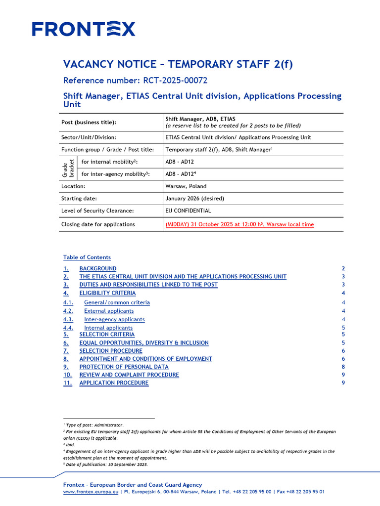 Vacancy Notice - Shift Manager, (AD8), RCT-2025-00072 | PDF