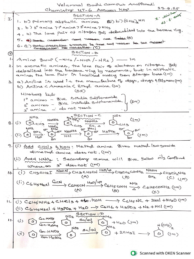 Ut - 6 Chemistry Key Class 12 | PDF