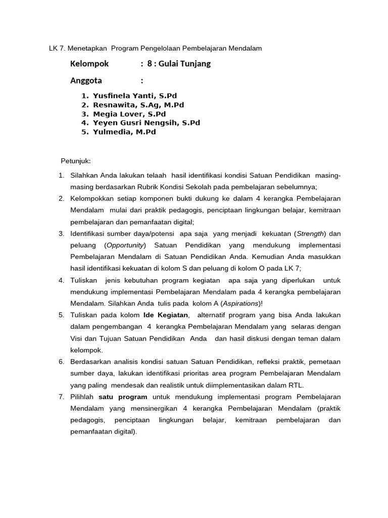 IN1.4.G.3. Aktivitas Pelatihan - LK 7. Menetapkan Program Pengelolaan Pembelajaran Mendalam | PDF