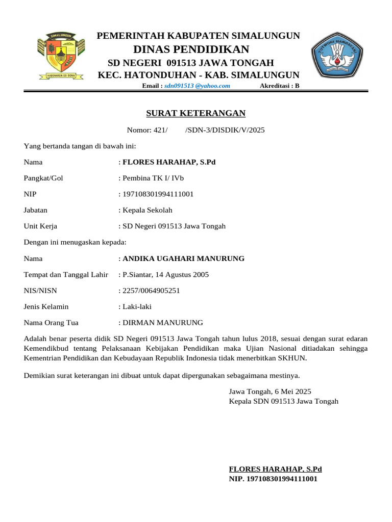 Surat Keterangan Lulus SD 091513 | PDF