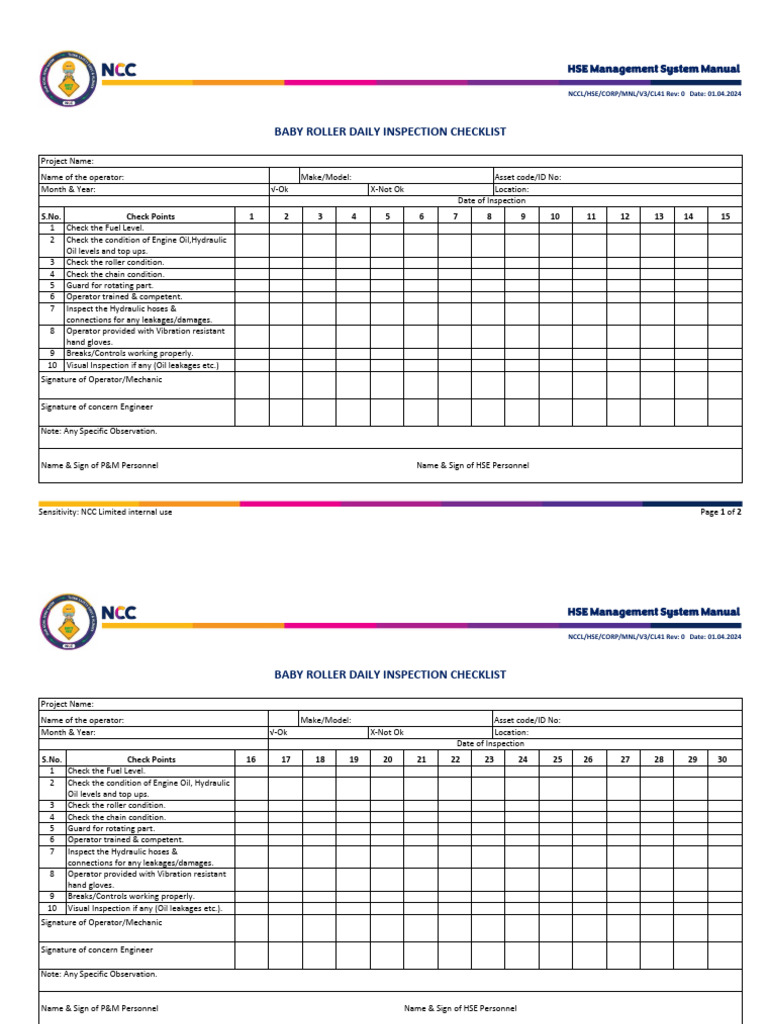 Baby Roller Daily Inspection Checklist | PDF | Mechanical Engineering