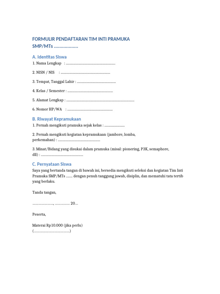 Formulir Pendaftaran Tim Inti Pramuka | PDF