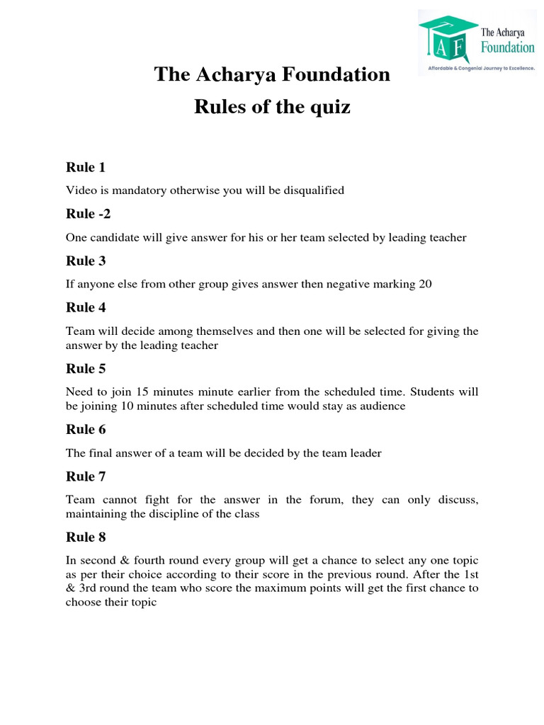 Rules of The Quiz-1 | PDF