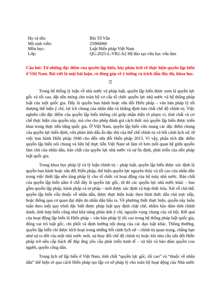 Bùi Tố Vân - 25066060 - Luật Hiến Pháp | PDF