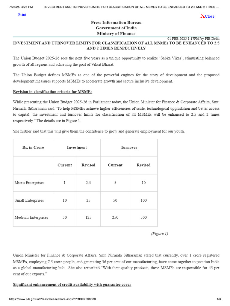 MSME Investment and Turnover Limits 2025 | PDF | Business | Economies