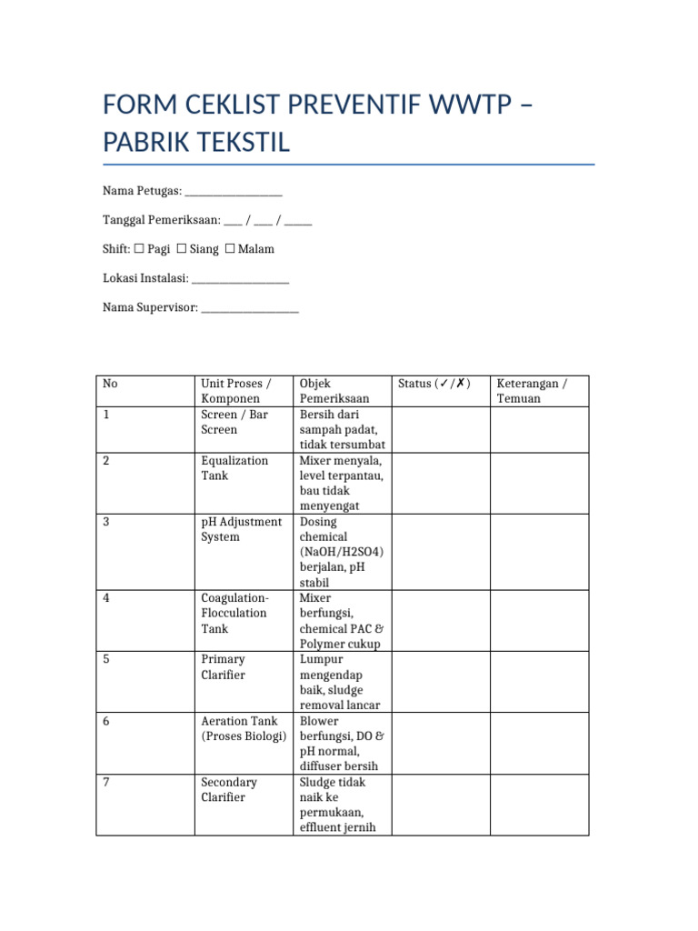 Form Ceklist Preventif WWTP Tekstil | PDF