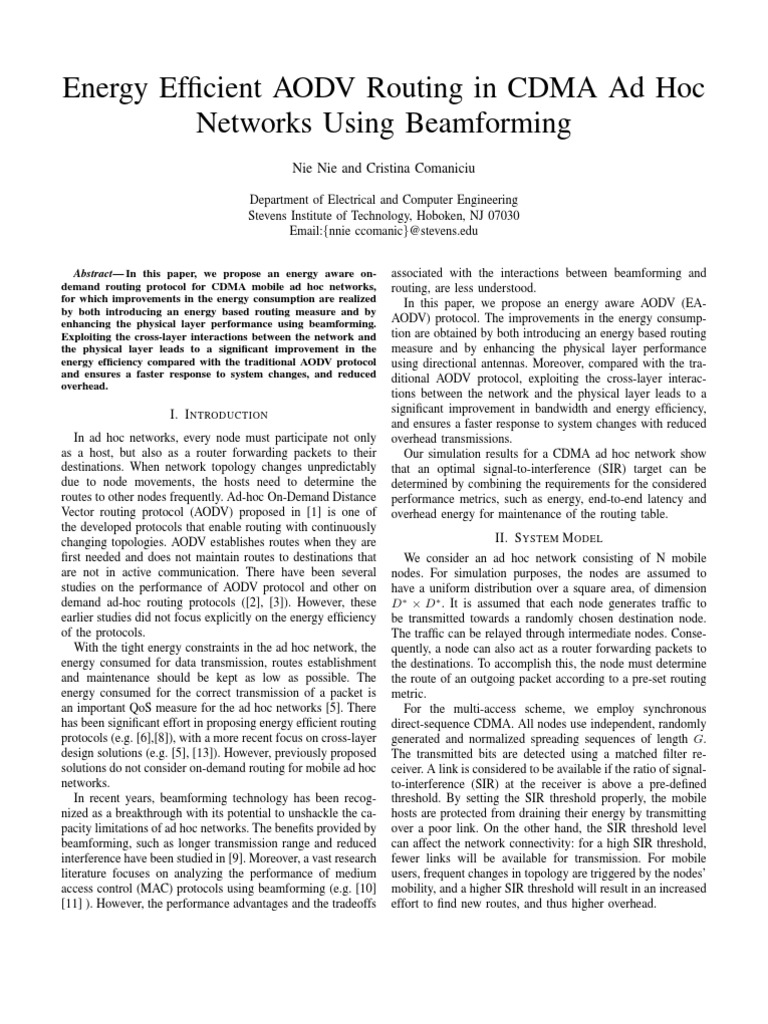 Energy Efficient AODV Routing in CDMA Ad Hoc Networks Using Beamforming | PDF | Routing ...