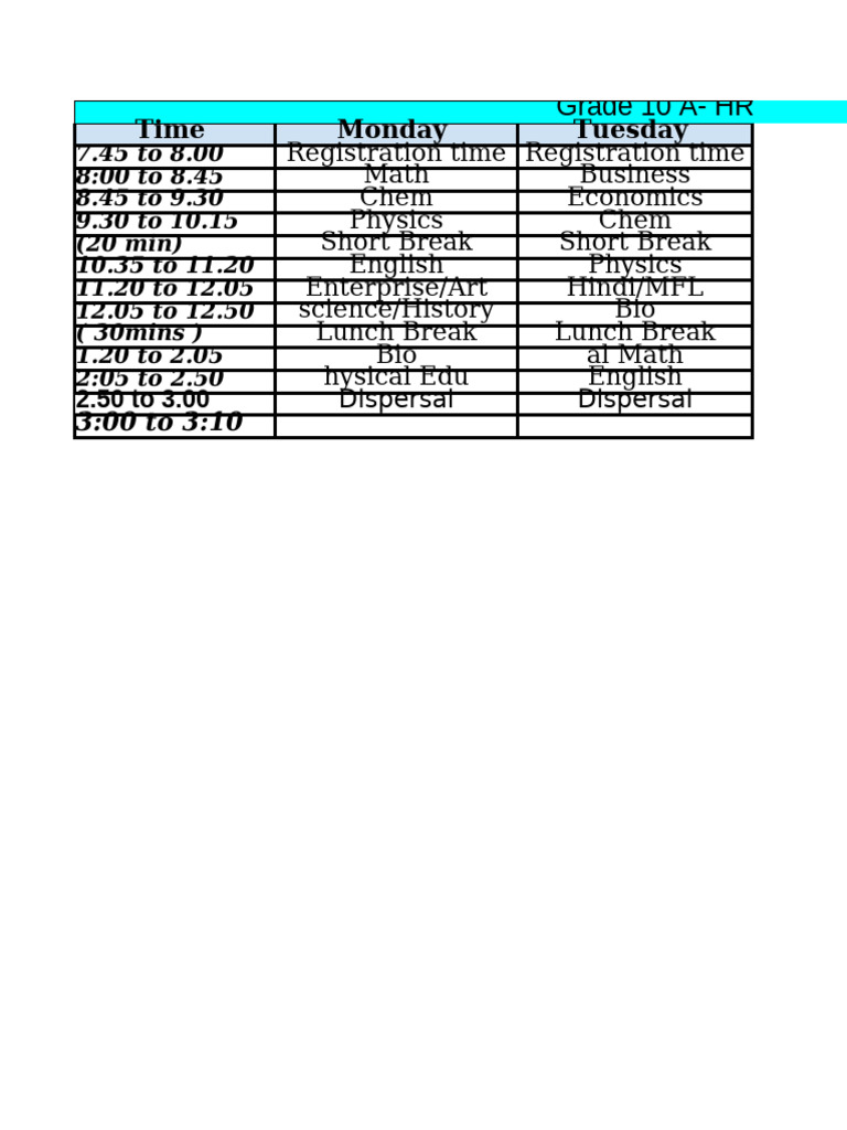10A-Student Copy Timetable | PDF