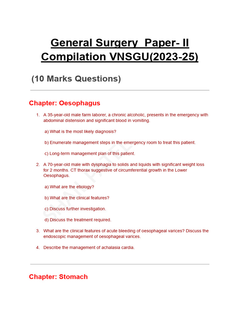 General Surgery Exam Questions 2023-25 | PDF | Abdomen | Esophagus