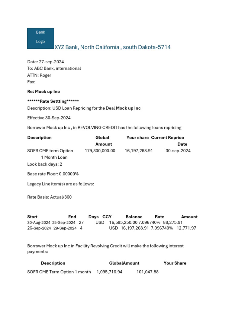 USD Loan Repricing for Mock Up Inc | PDF