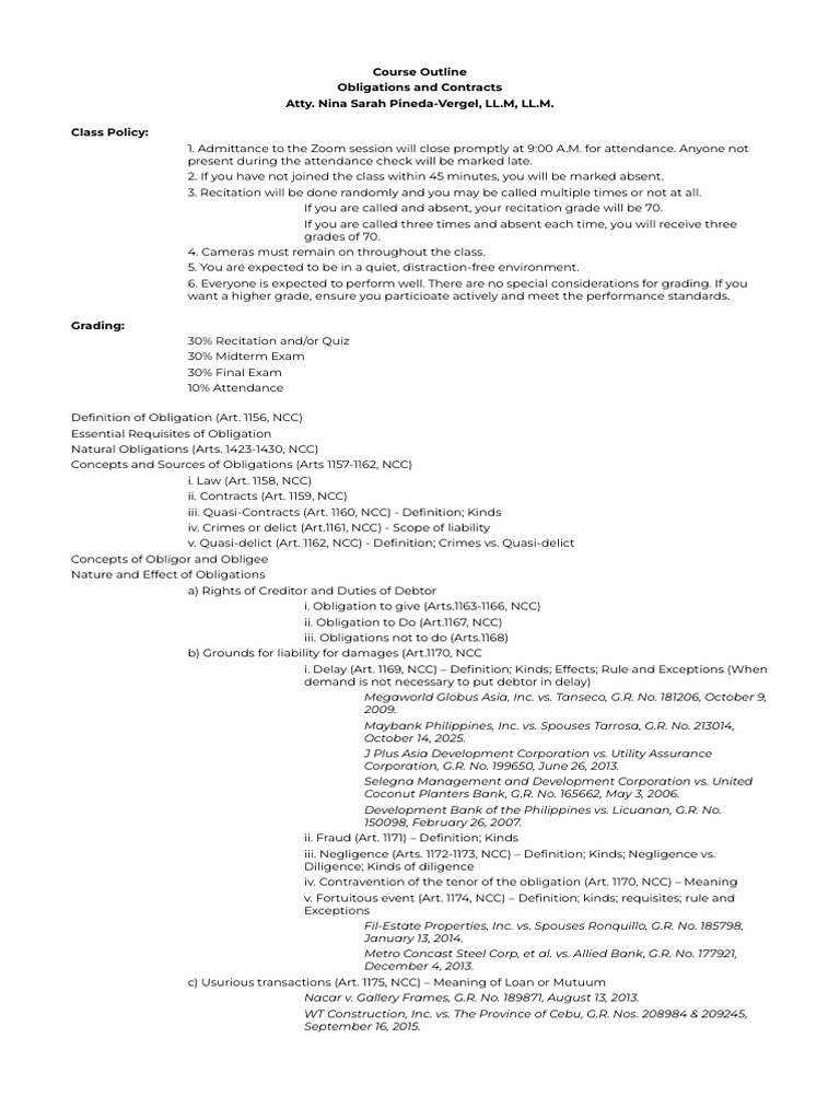 ObliCon Course Outline | PDF | Annulment | Private Law