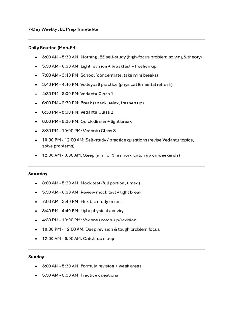 JEE 7-Day Study Timetable Guide | PDF