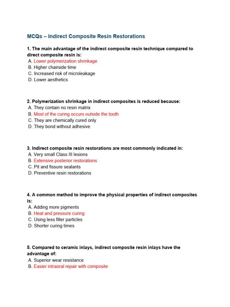 Indirect Composite Resin MCQs Guide | PDF | Dental Composite ...