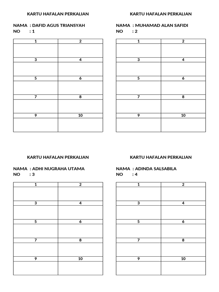 Kartu Hafalan Perkalian Siswa | PDF
