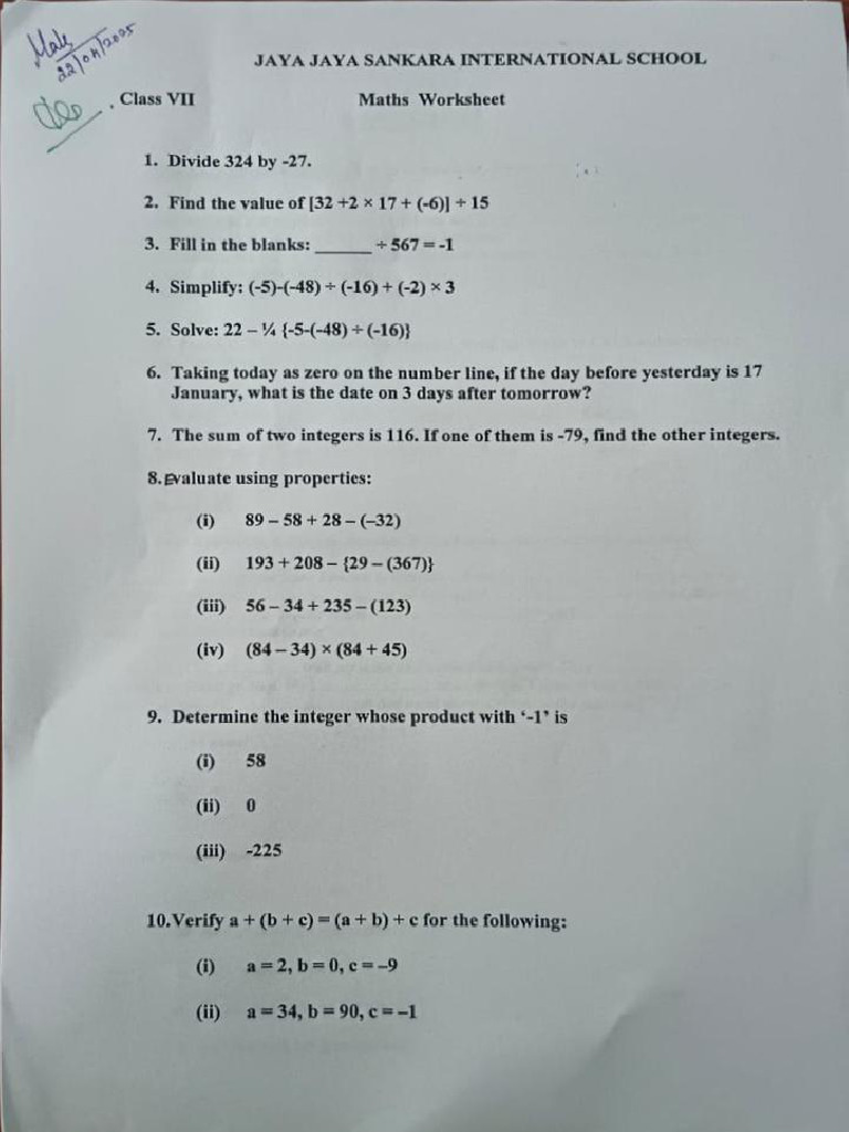 Class VII Maths Worksheet | PDF