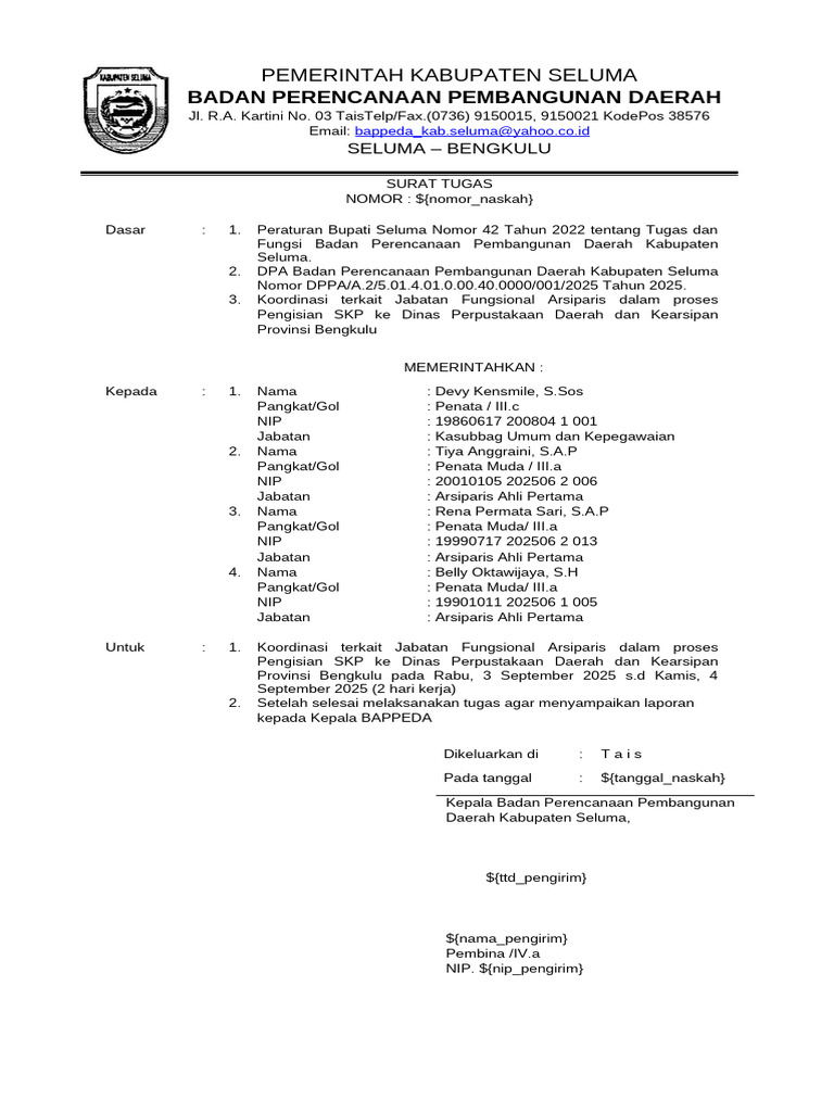 Surat Tugas Perjalanan Dinas Seluma | PDF