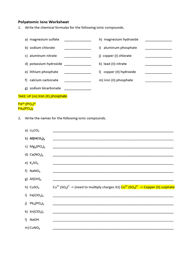 Polyatomic Ions Worksheet Guide | PDF | Chemical Compounds | Physical ...
