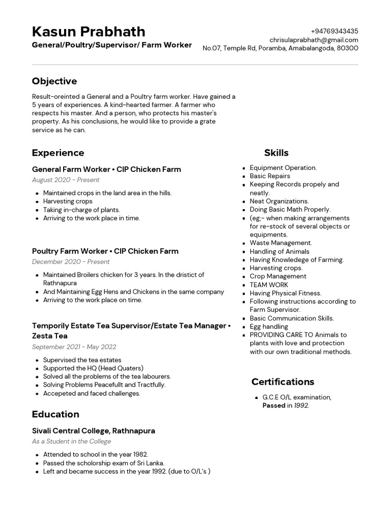 Kasun - Prabhath - Resume (New) | PDF | Poultry Farming | Farms