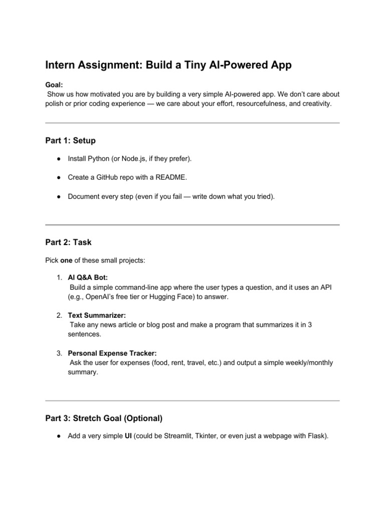 Intern Assignment_ Build a Tiny AI-Powered App | PDF
