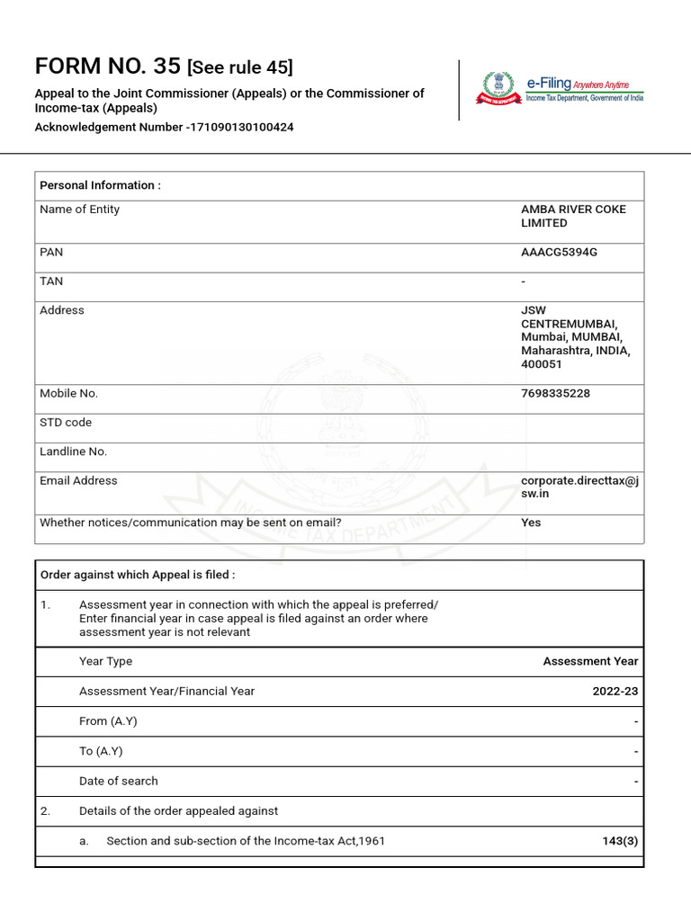 Income Tax Appeal Form 35 for AY 2022-23 | PDF | Taxes | Payments