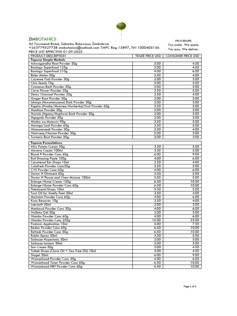 Zimbotanics Price List 2025 | PDF | Shampoo