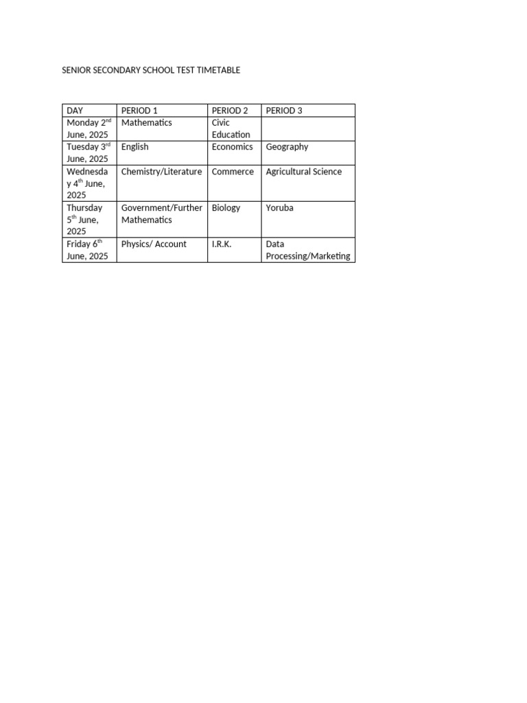 Senior School Test Time Table | PDF