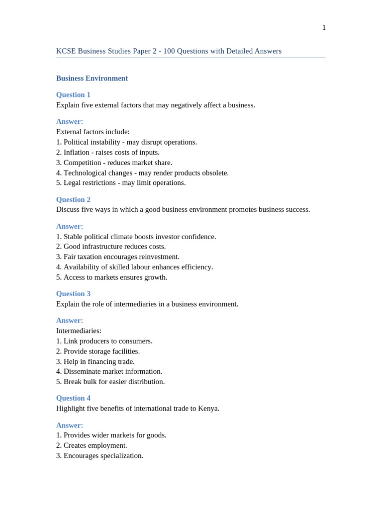 KCSE Business Studies Paper2 100 QnA Full | PDF | Demand | Cost Of Living