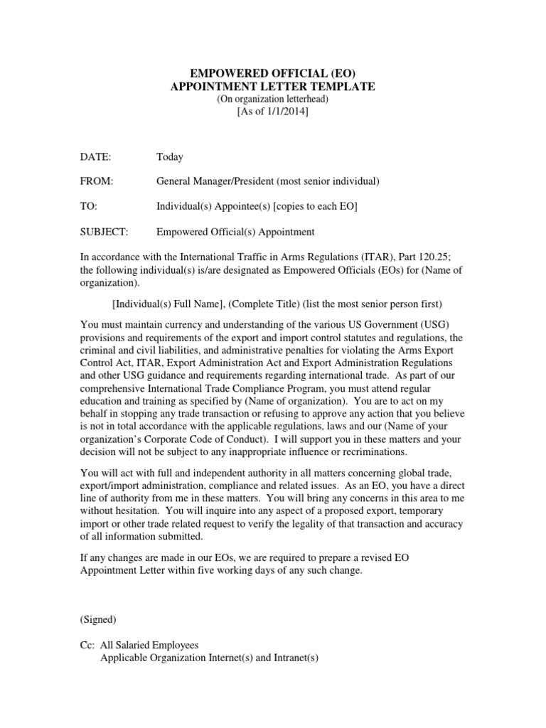 Empowered Official Appointment Template | PDF | Government | Government ...