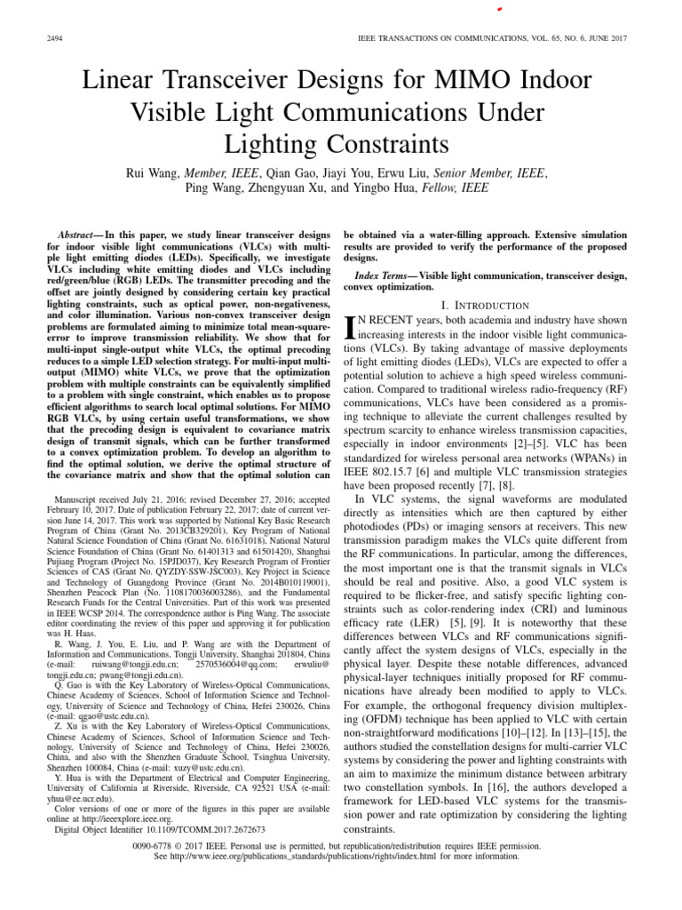 Linear Transceiver Designs for MIMO Indoor VLC Under Lighting ...