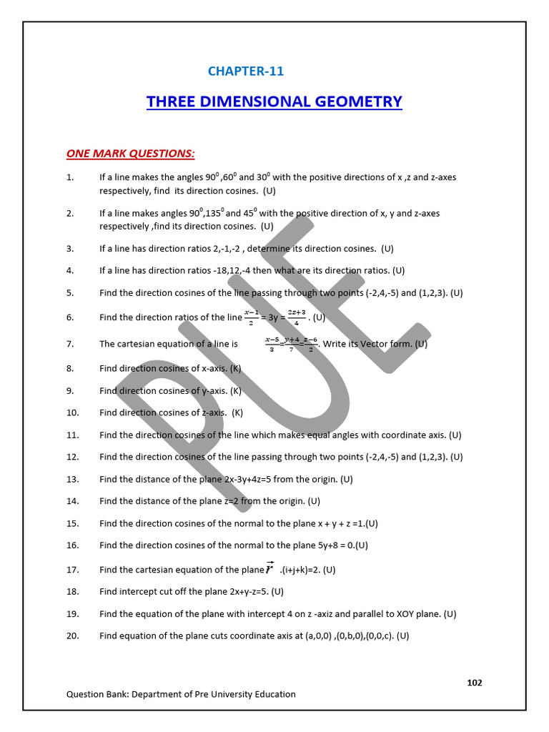 Three Dimensional Geometry Question Bank | PDF | Line (Geometry ...