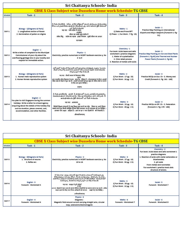 CBSE X Class Subject Wise Dussehra Home Work Schedule-TG CBSE | PDF