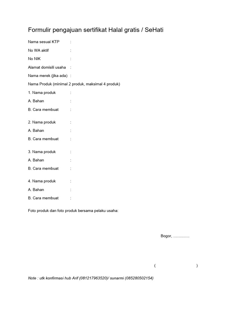 Formulir Pengajuan Sertifikat Halal Gratis | PDF
